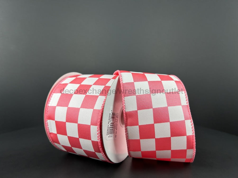 Coral Ribbed Satin With White Racing Checks Ribbon, 2.5 Inches X 10 ...